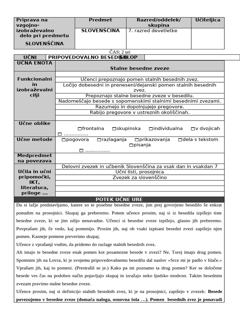 Stalne Besedne Zveze, Priprava | PDF