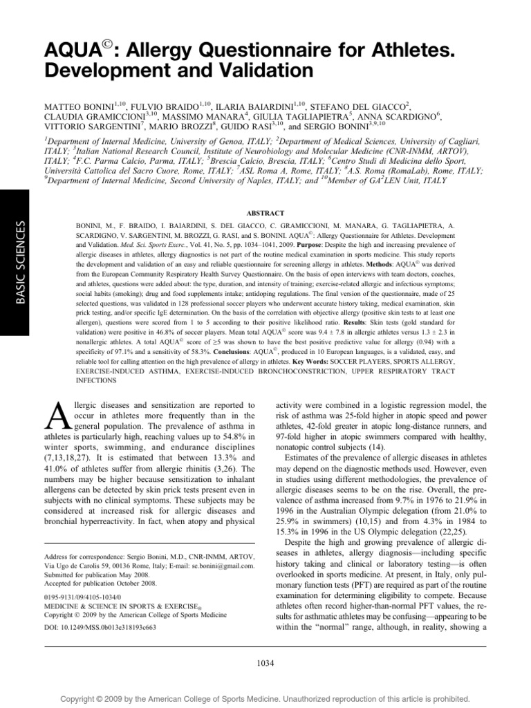 AQUA Allergy Questionnaire For Athletes | PDF | Allergy | Allergen