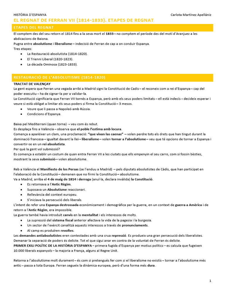 Història D'espanya: El Regnat de Ferran VII. | PDF