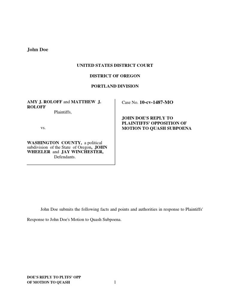 Doe's Reply to Quash Subpoena Motion | PDF | Blog | News
