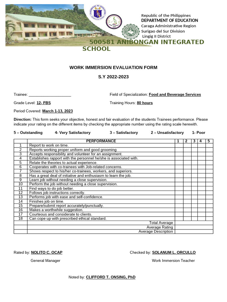 Work Immersion Evaluation Form FBS | PDF