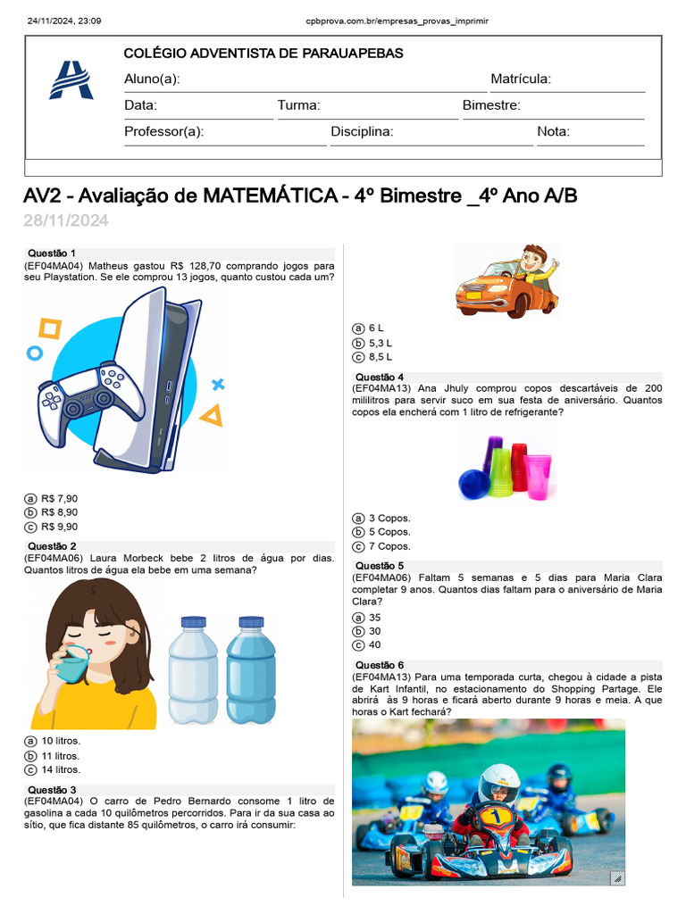 Av2 - Matem 4B Matemática | PDF