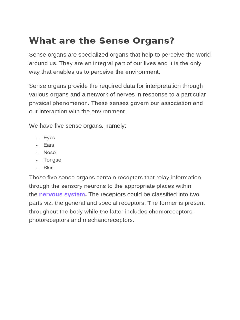 What Are the Sense Organs | PDF | Senses | Taste