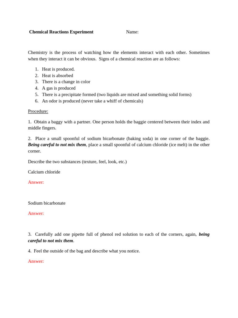 Chemical Reactions Experiment | PDF