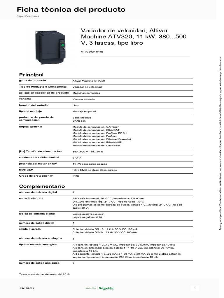 Schneider Electric - Altivar-320 - ATV320D11N4B | PDF | Impedancia eléctrica | Relé