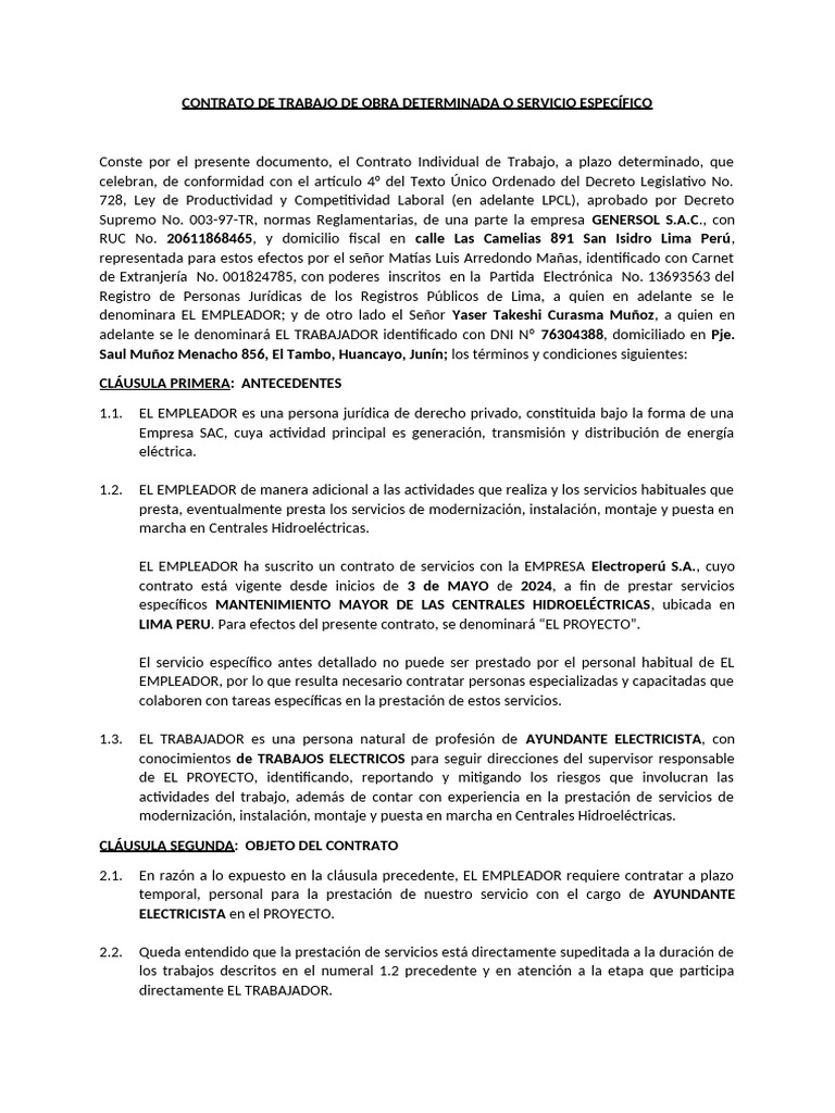 Contrato de Trabajo de Obra Determinada o Servicio Específico Yaser Curasma 100 | PDF | Las ...