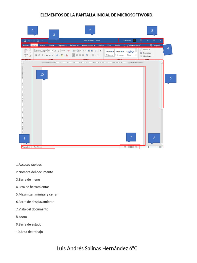 ELEMENTOS DE LA PANTALLA INICIAL DE MICROSOFTWORD (Luis Andres Salinas Hernandez 6°C) | PDF