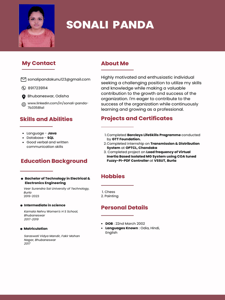 Sonali Panda: About Me My Contact | PDF
