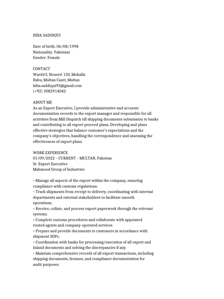 Hiba Saddiqui Export Executive | PDF | Business
