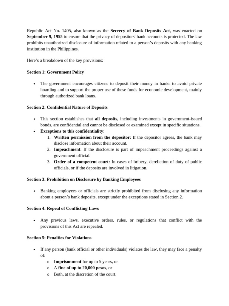 Secrecy of Bank Deposits Act Overview | PDF | Banks | Discovery (Law)