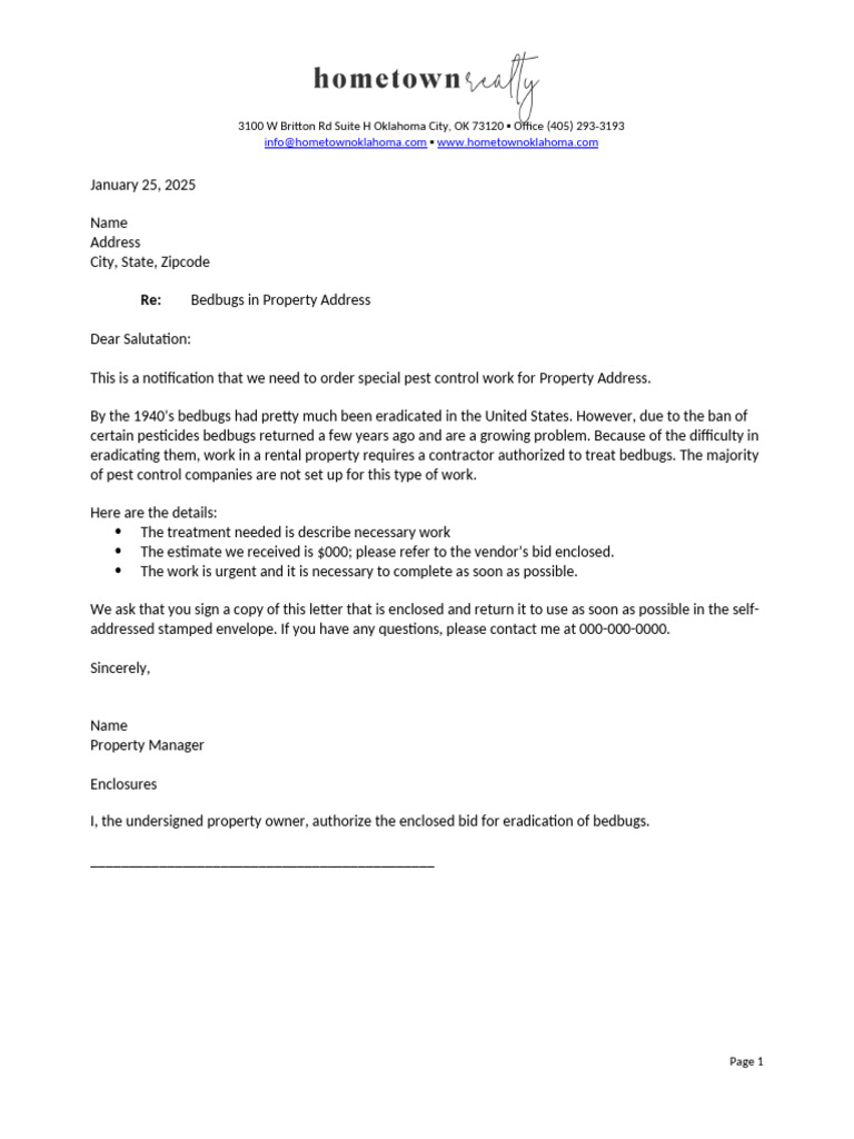 L20 Notice of Bed Bugs Letter | PDF