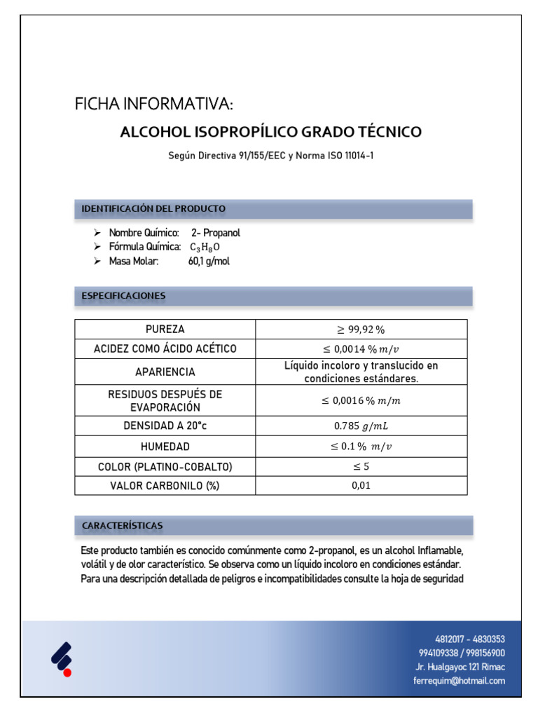 Ficha Técnica Alcohol Isopropilico 99% | PDF