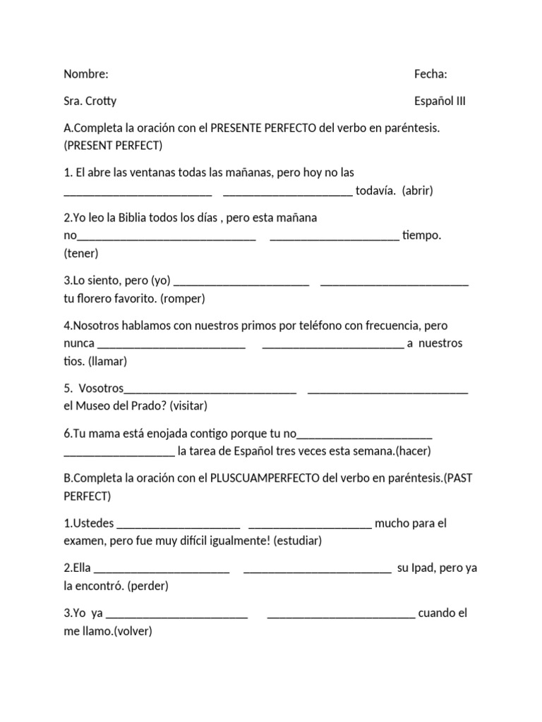Spanish III Presente Perfecto Pluscuamperfecto Quiz | PDF