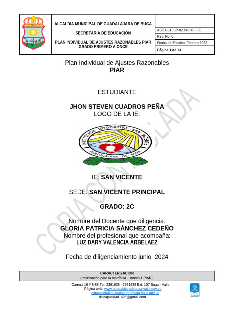 Piar Jhon Steven Cuadros Peña Grado 2c Sede San Jose | PDF | Enseñando ...
