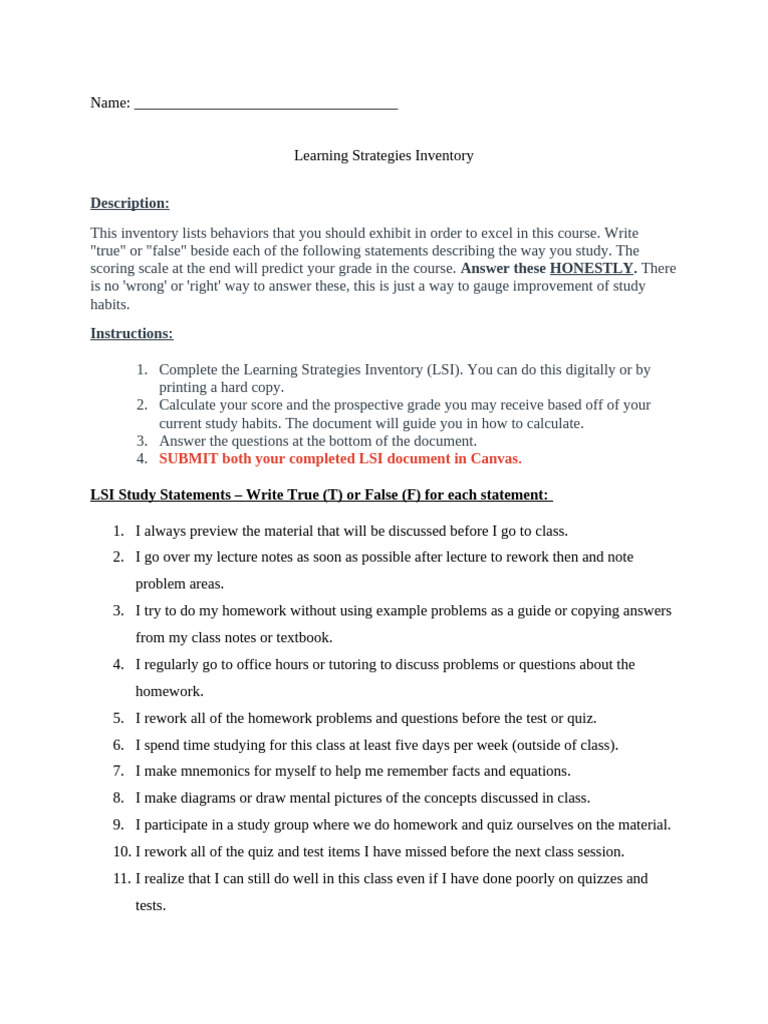Learning Strategies Inventory Guide | PDF | Homework | Cognitive Science