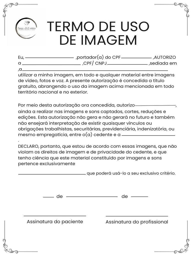 Termo de Uso de Imagem - FICHAS PREMIUM - PDF (Papéis Timbrados) | PDF