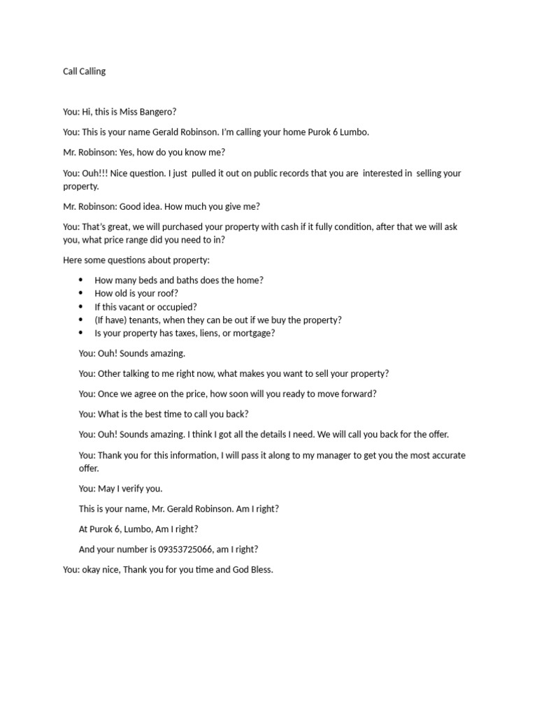 Property Selling Phone Call Script | PDF