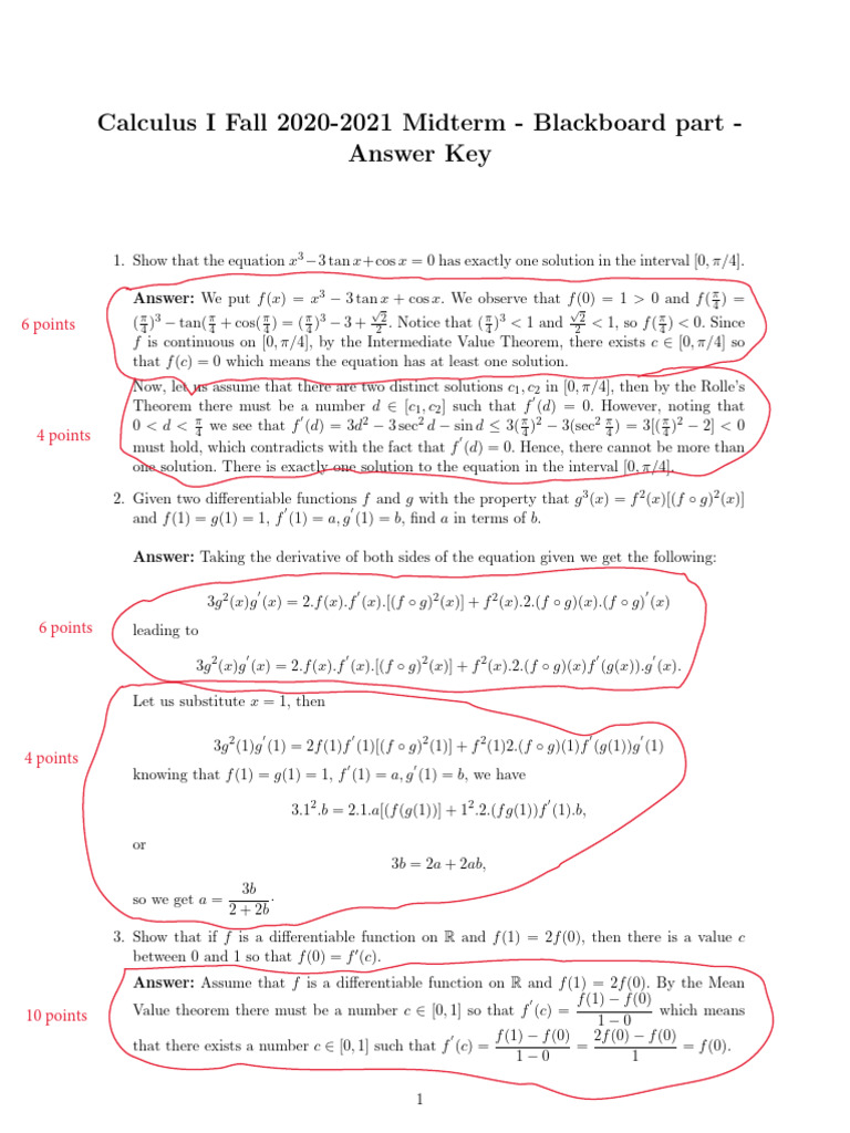 Midterm Blackboard Part Calculus I Fall 2020 21 Answer - Key | PDF ...