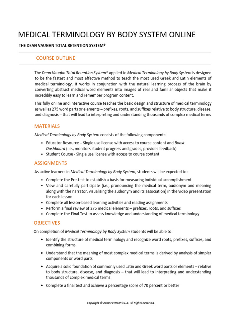 Outline DV Med Term by Body System 02 2020 1 | PDF | Anatomical Terms ...
