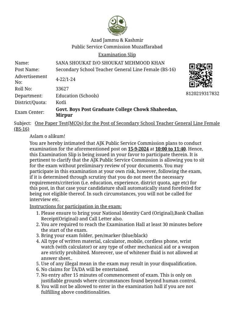 Secondary School Teacher General Line Female (BS-16), Roll No=33627 | PDF