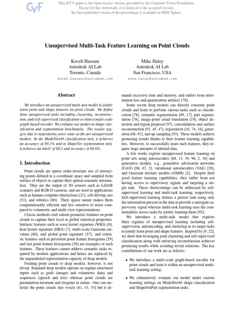 Hassani Unsupervised Multi-Task Feature Learning On Point Clouds ICCV 2019 Paper | PDF | Cluster ...