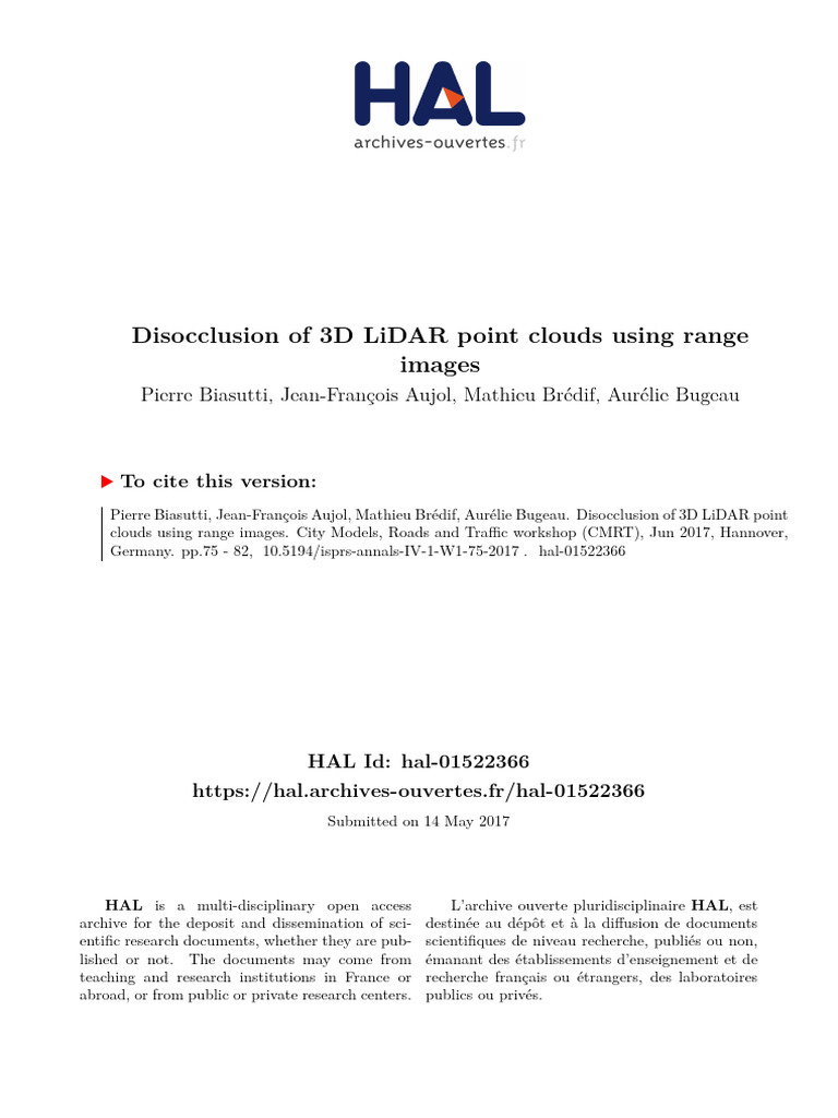Disocclusion of 3D LiDAR Point Clouds Using Range Images | PDF | Image Segmentation | Lidar