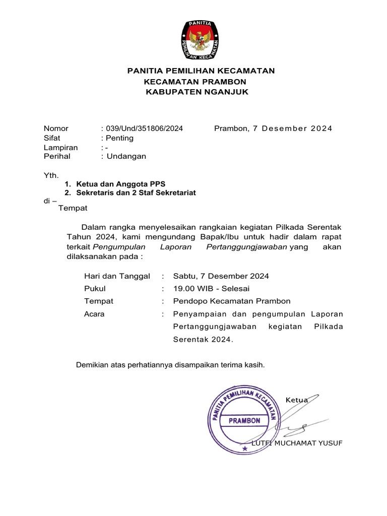 Surat Undangan PPS dan Sekretariat, Sabtu, 7 Desember 2024 | PDF