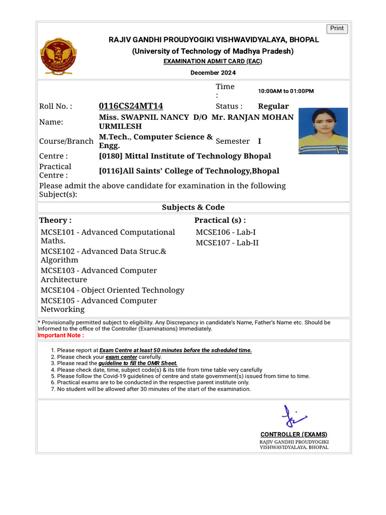 Admit Card Swapnil Nancy | PDF
