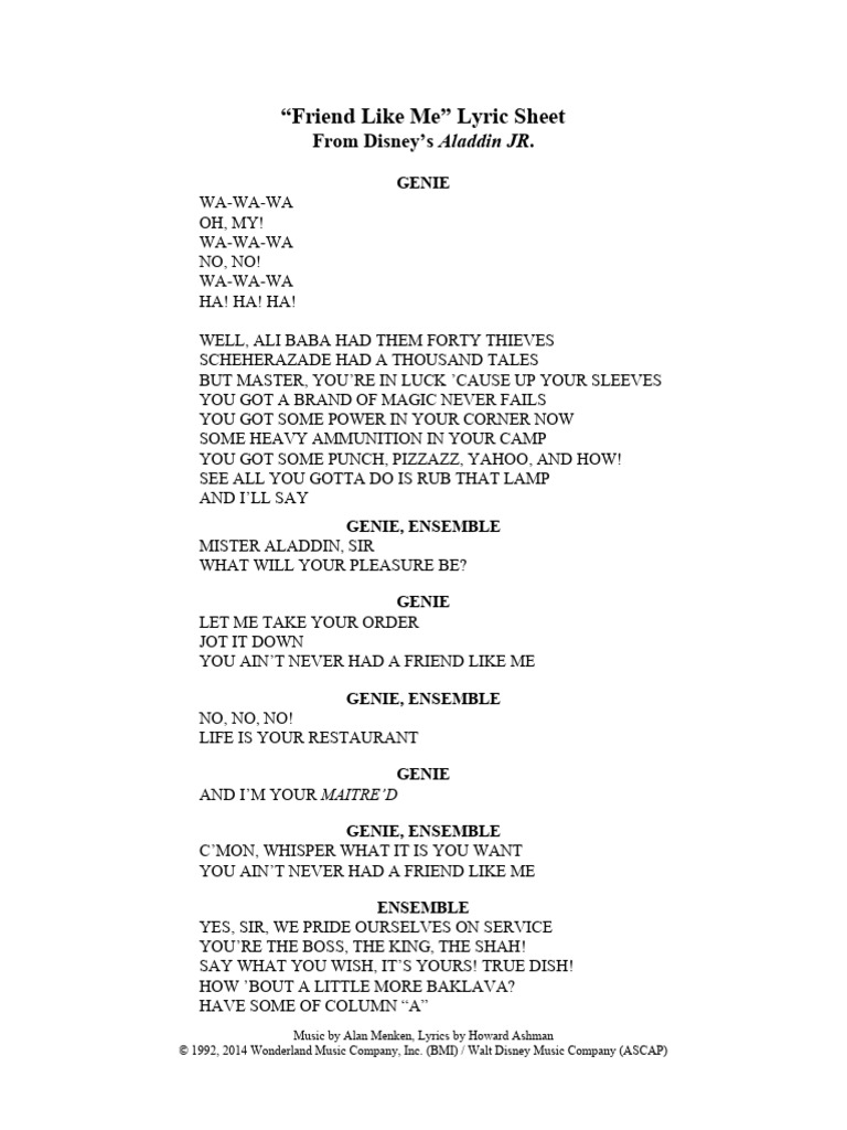 Friend Like Me Lyric Sheet | PDF | The Walt Disney Company