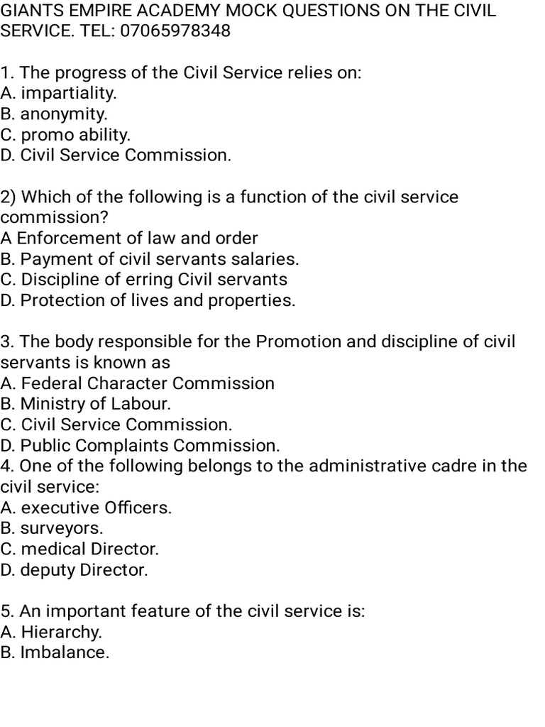Mock Questions On Civil Service | PDF | Civil Service | Policy