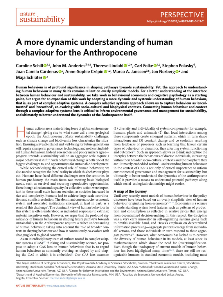 Schill Et - Al Dynamic Human Behavior Anthropocene Nature 2019 | PDF ...