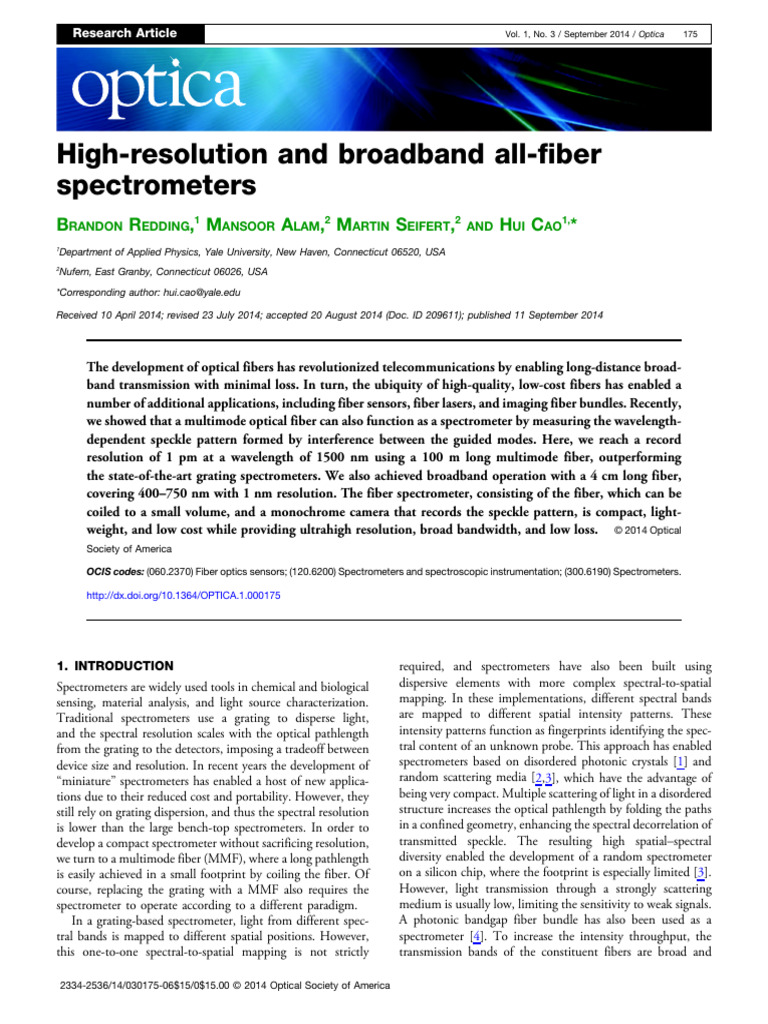 Optica-High Resolution and Broadband All-Fiber Spectrometers | PDF ...