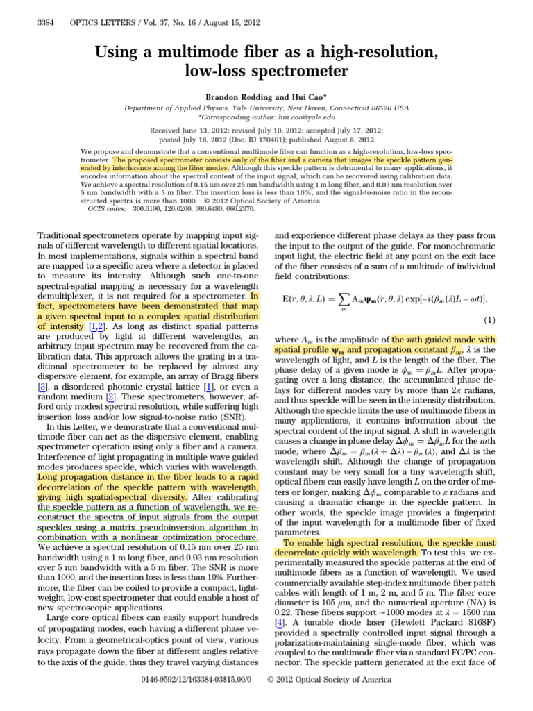 1-Using A Multimode Fiber As A High-Resolution, Low-Loss Spectrometer ...
