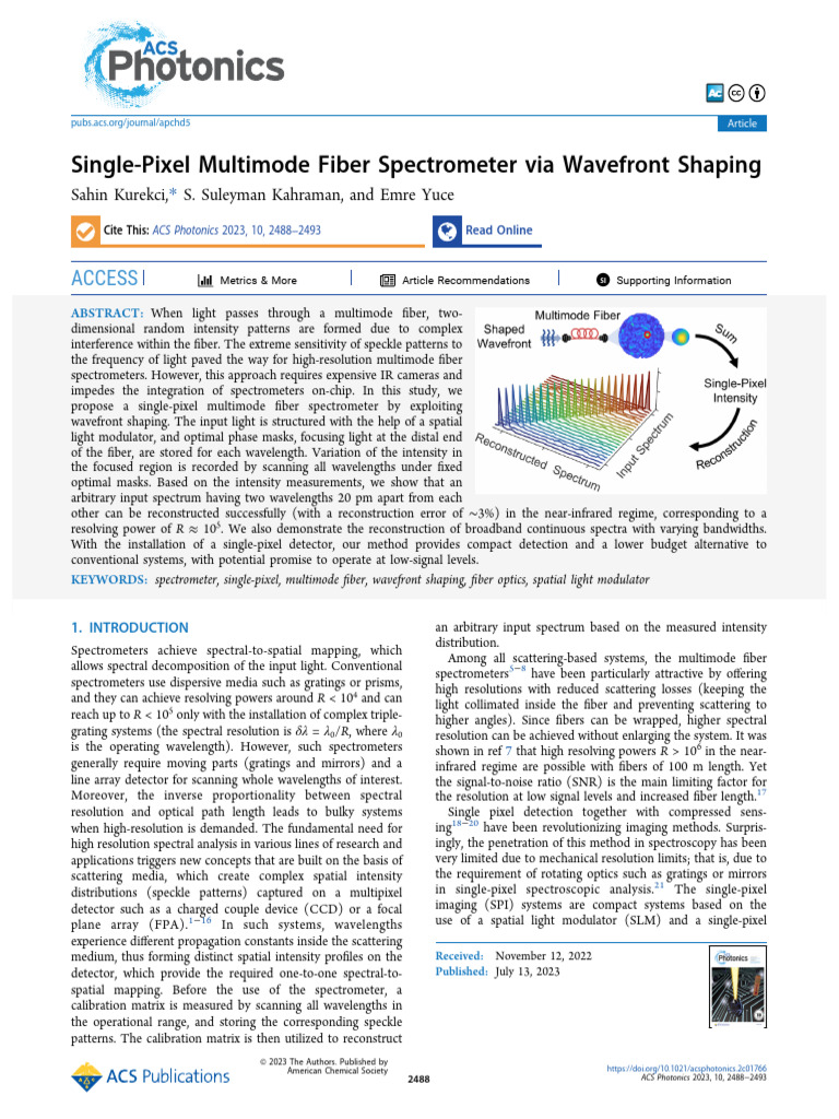 1 Single Pixel Multimode Fiber Spectrometer Via Wavefront Shaping | PDF | Optical Resolution ...