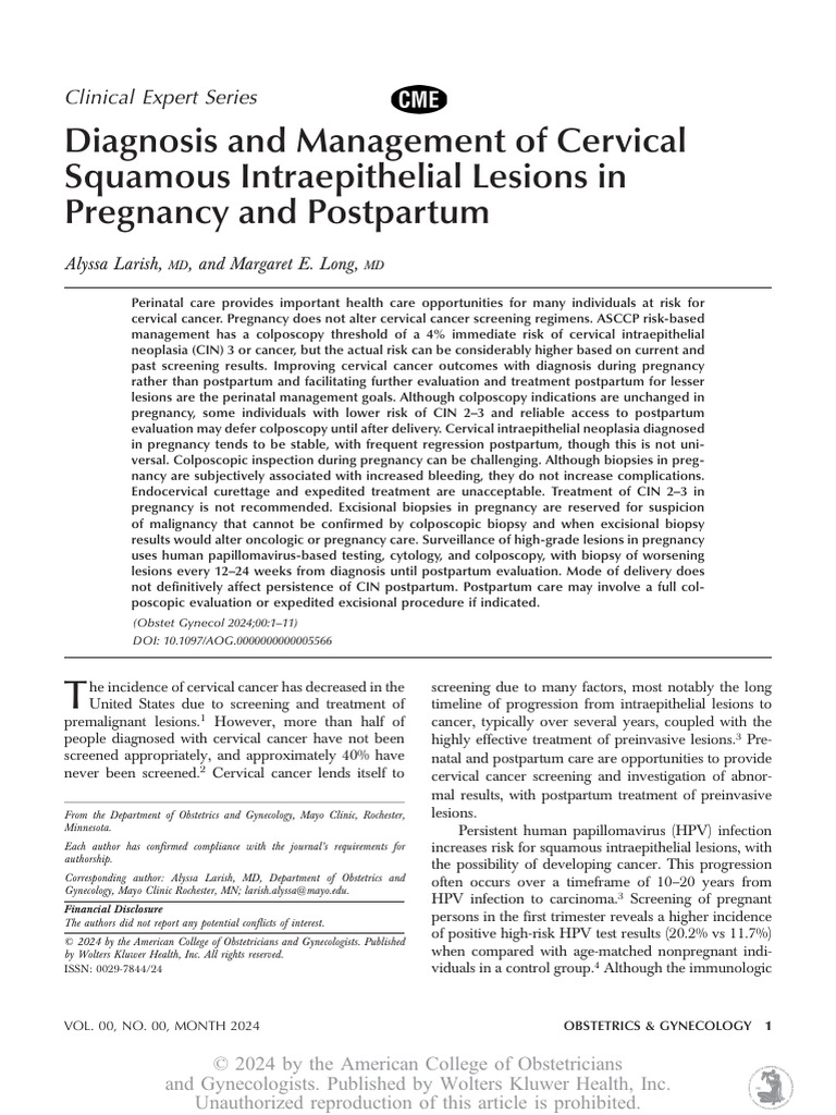 Diagnosis and Management of Cervical Squamous Intraepithelial Lesions in Oregnancy and ...
