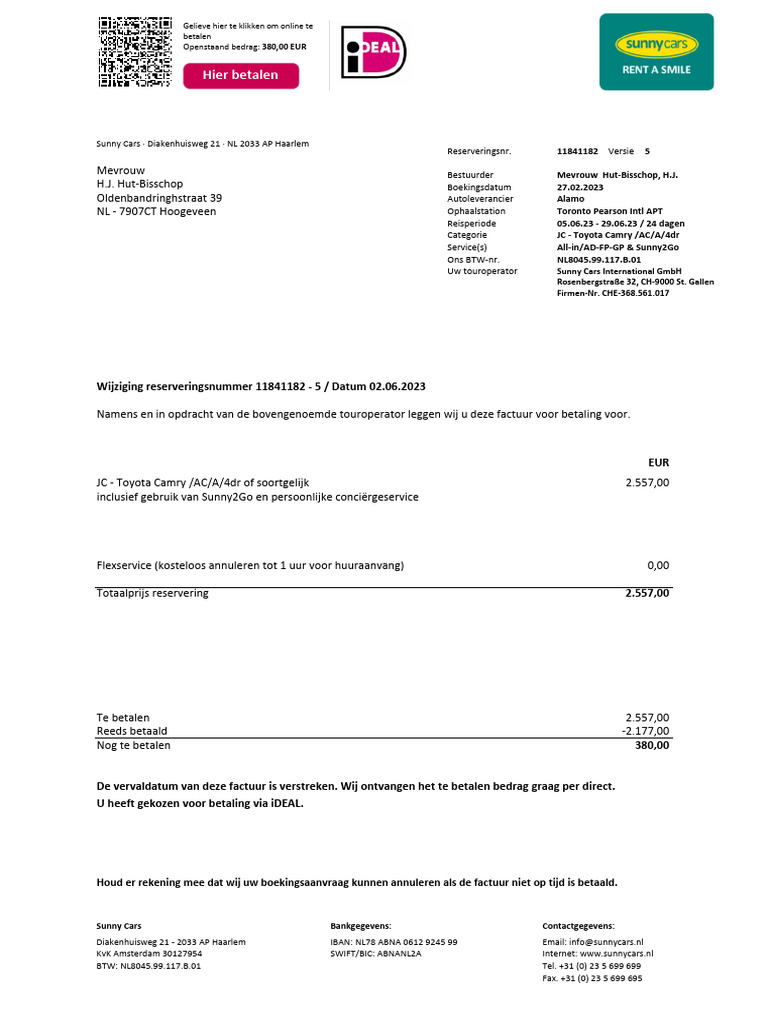 Hier Betalen: Wijziging Reserveringsnummer 11841182 - 5 / Datum 02.06. ...
