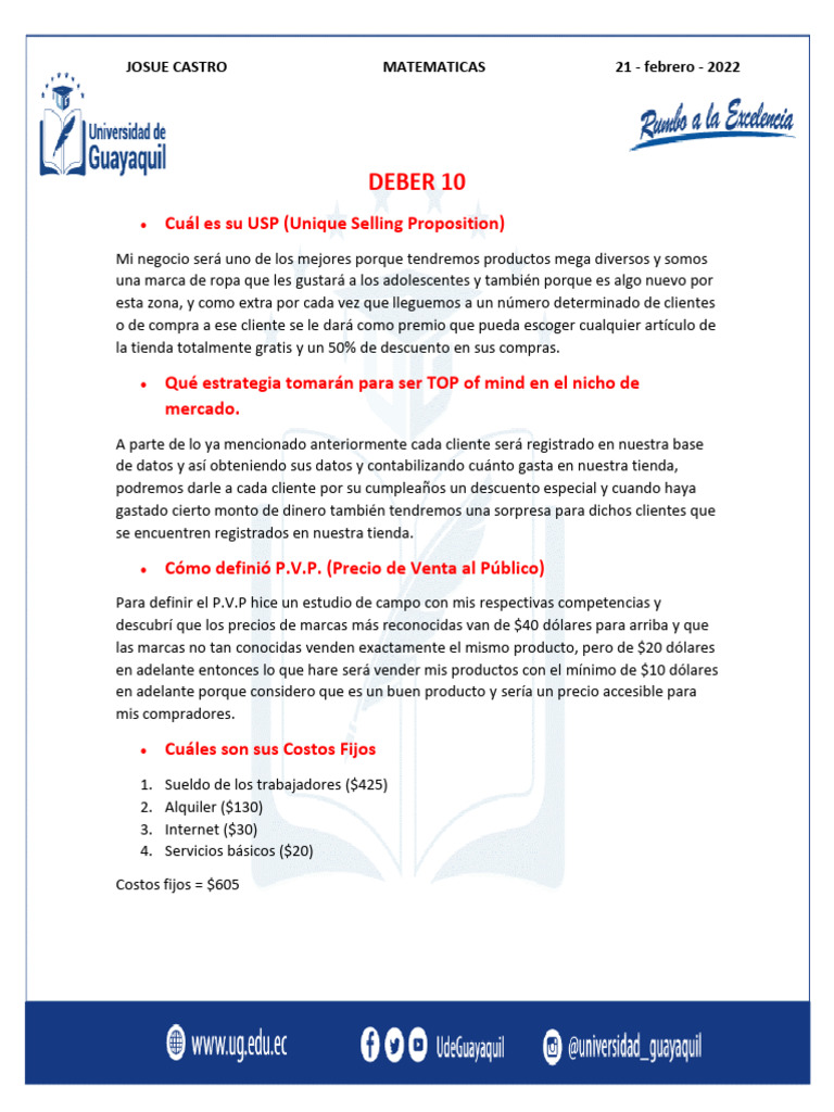 Castro - Deber 10 (Propuesta de Negocios) | PDF | Precios | Mercado (economía)