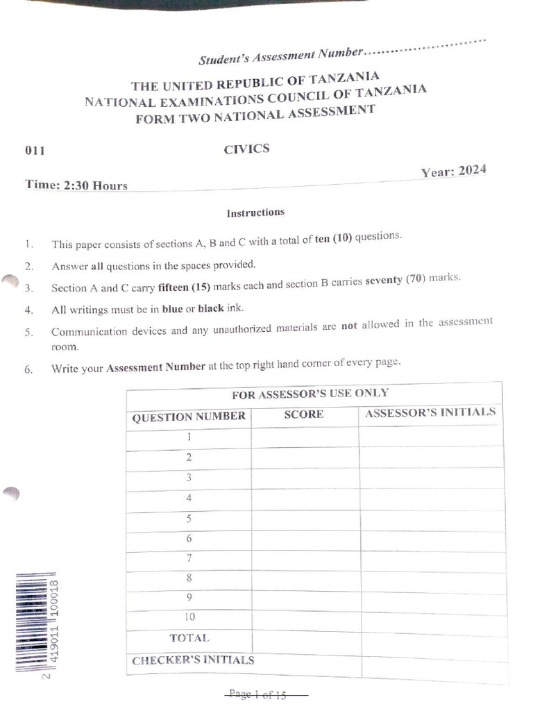 Civics Form Two NECTA 2024 Exam Paper | PDF | Gender | Gender Studies