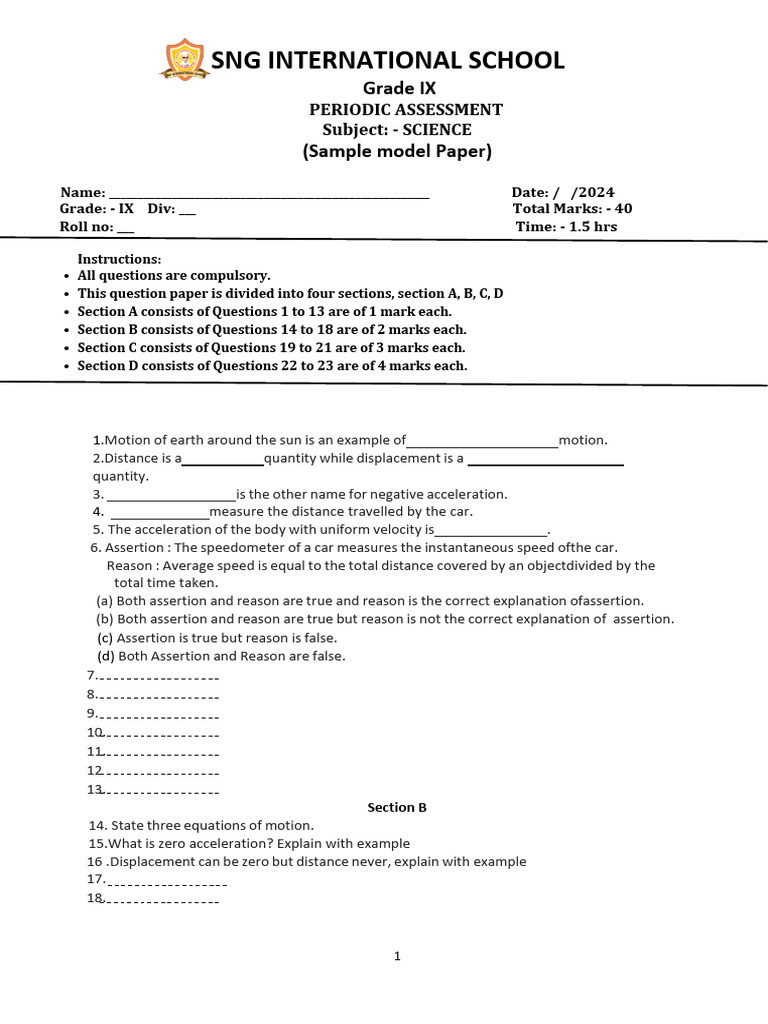 Grade IX Science Assessment Paper | PDF | Acceleration | Speed