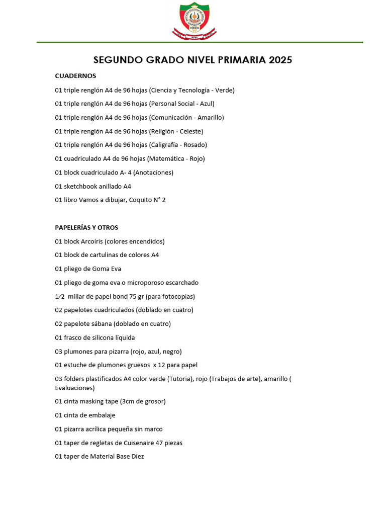 Lista de Útiles P2 | PDF