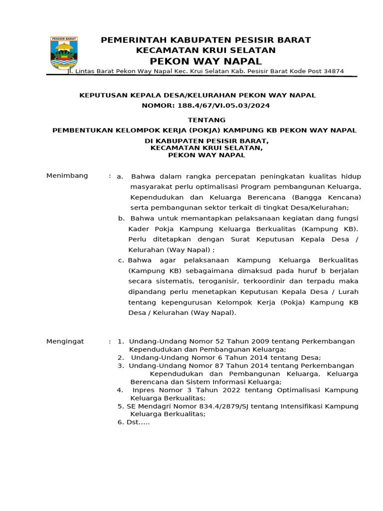 Contoh SK Pokja Kampung KB Tingkat Desa-Kelurahan | PDF