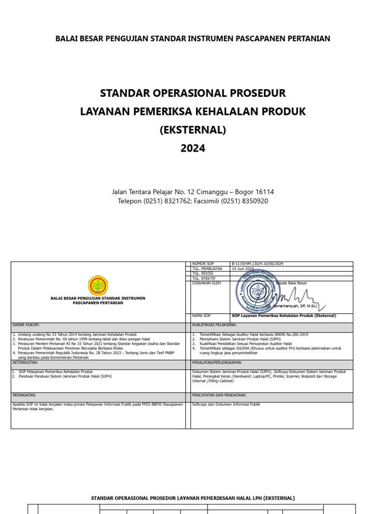 SOP Layanan Pemeriksa Kehalalan Produk Eksternal 2024 | PDF