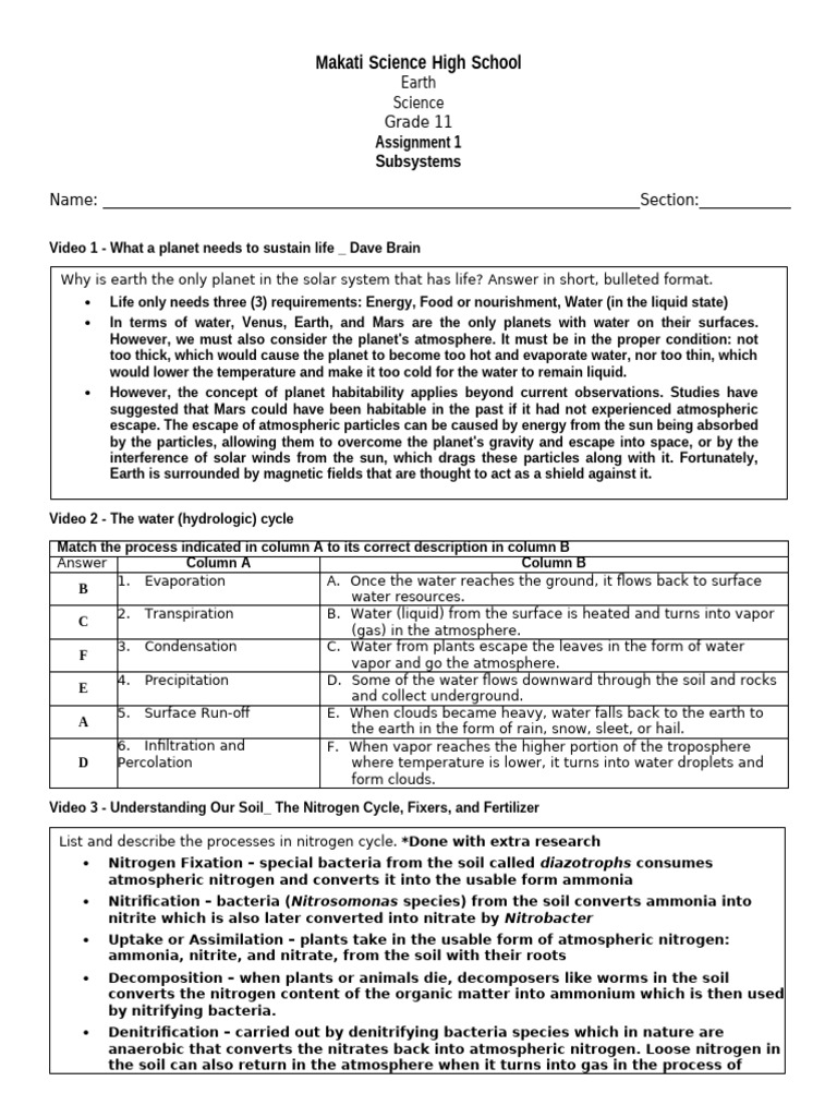 Q1 - Week 1 - Subsystem Assignment Rev | PDF | Water | Planets