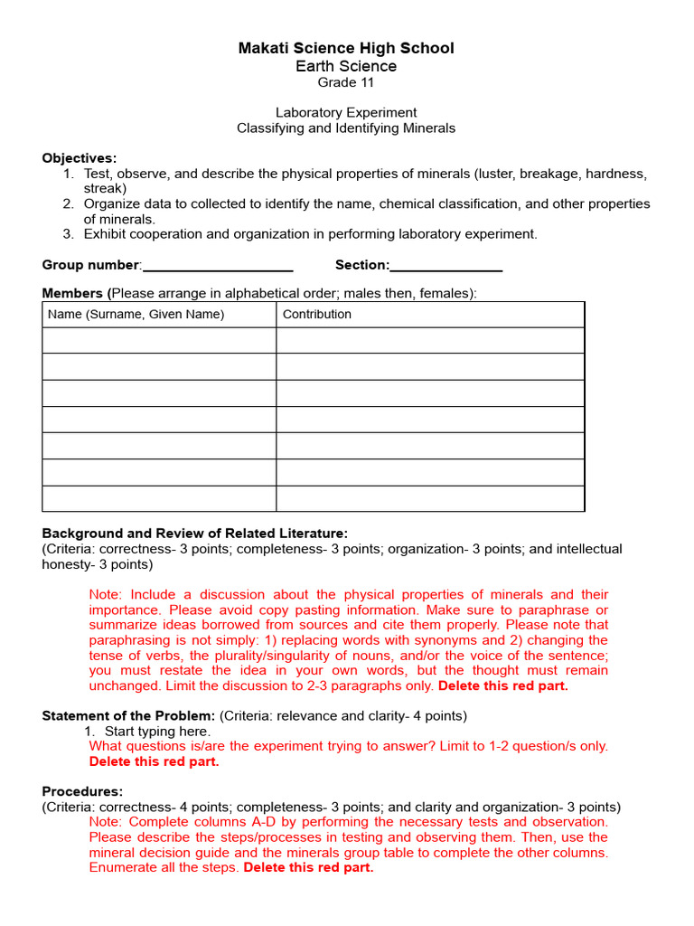 1st Q - Week 4 - Classifying and Identifying Minerals Experiment | PDF ...