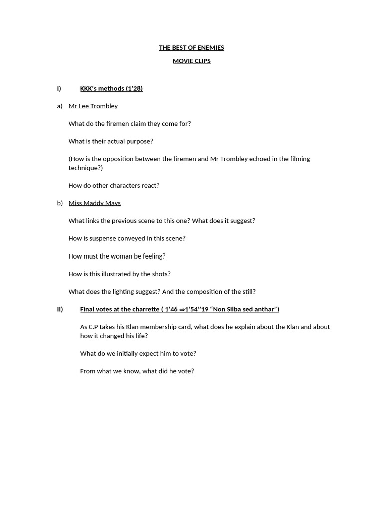 THE BEST OF ENEMIES Movie Clips Guiding Questions | PDF