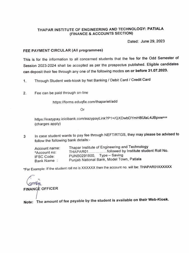 Fee - Circular - 2023-2024 - ODD - SEM (1) Mhuj | PDF