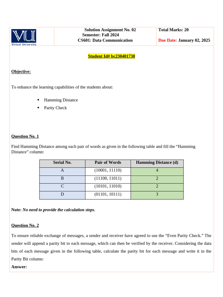Soultion Assignment 02 - Fall 2024 - CS601 - 2 | PDF | Computer Engineering | Telecommunications