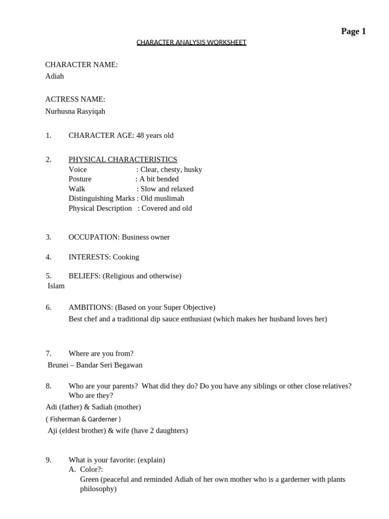 Character Analysis Worksheet Adiah. | PDF