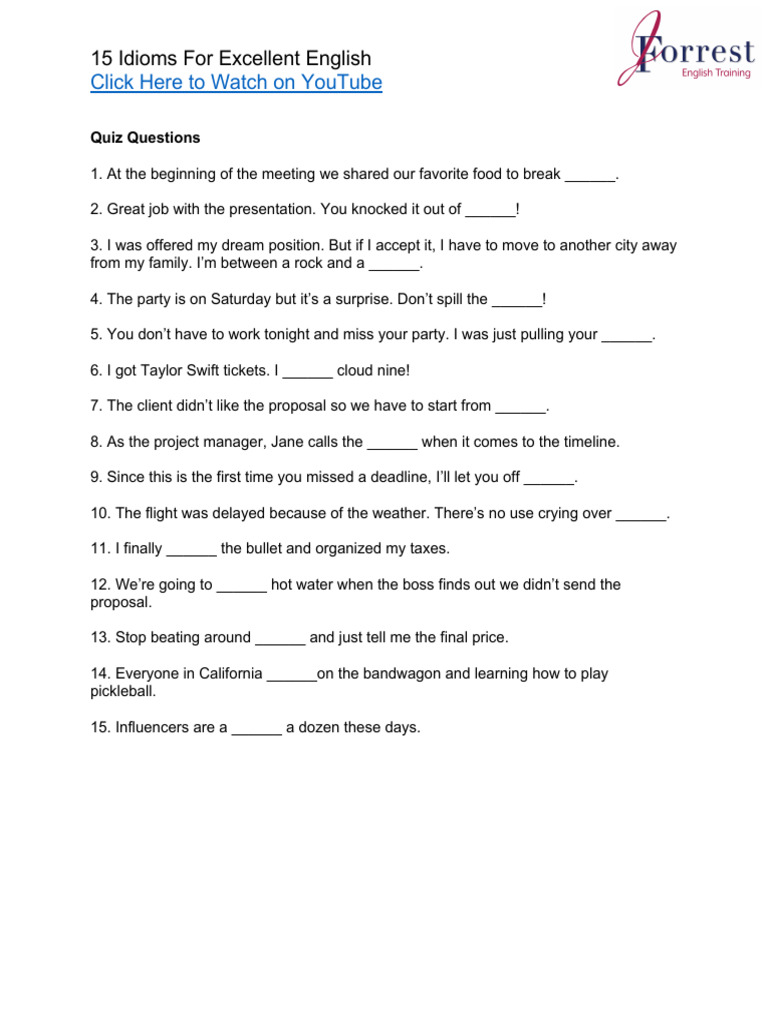 15 Idioms For Excellent English | PDF | English Language | Idiom