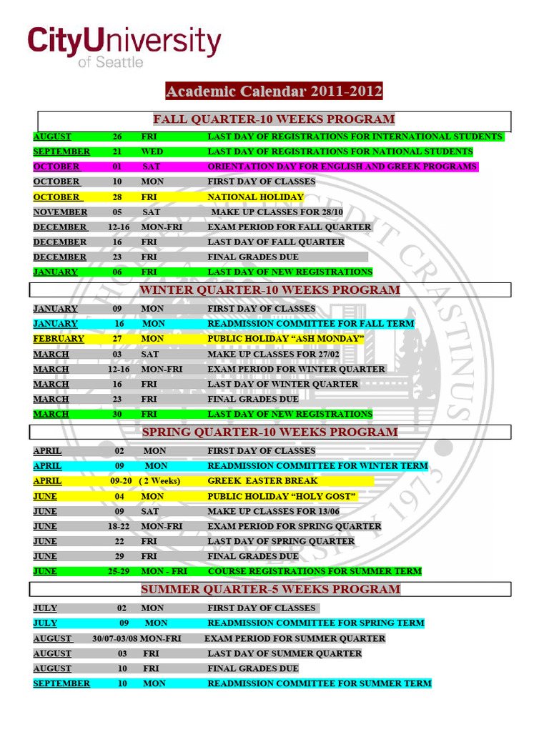 2011-2012 Academic Calendar Overview | PDF